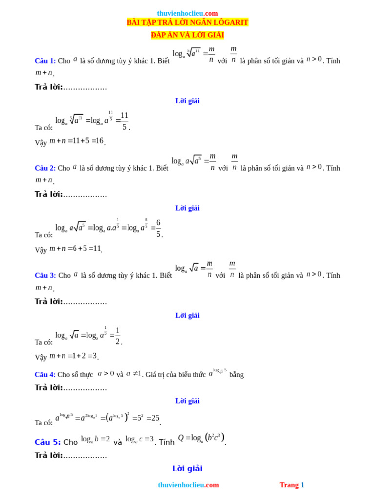 20 Cau Tra Loi Ngan LOGARIT | PDF