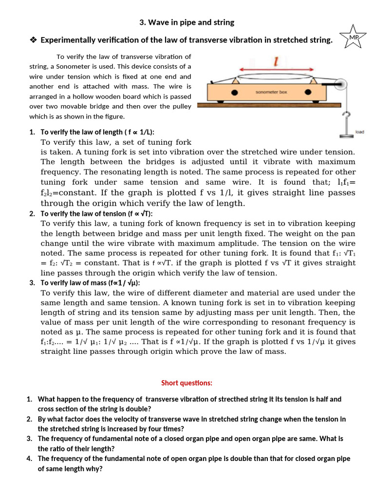 wave in pipe and string ( short qun & numericals) (1) | PDF | Sound ...