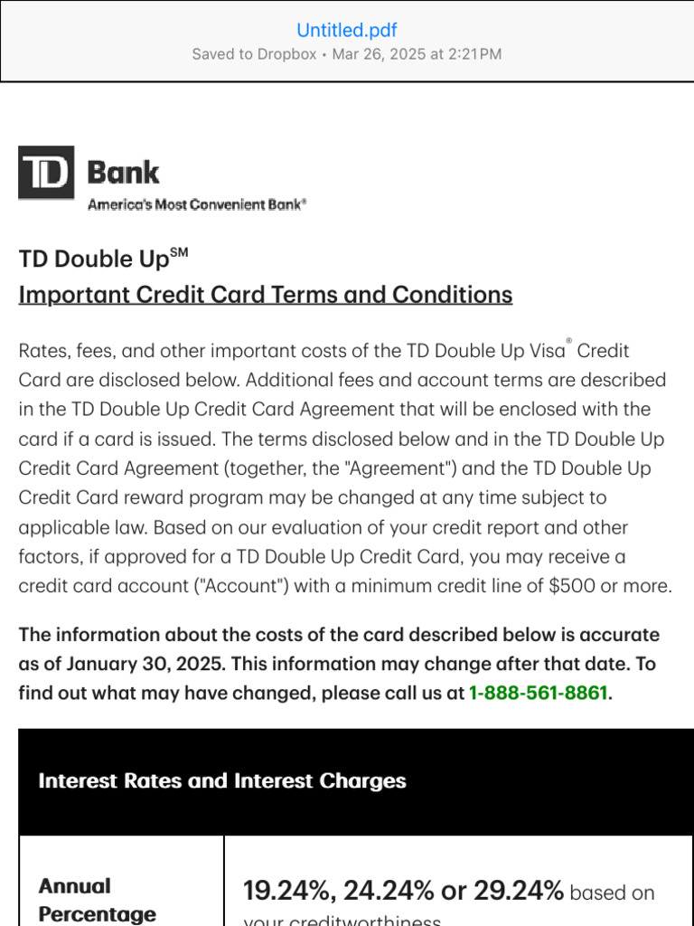 TD Double Up Visa Card Terms & Fees | PDF | Credit Card | Annual ...
