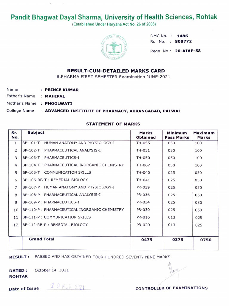 1st Sem Marksheet | PDF
