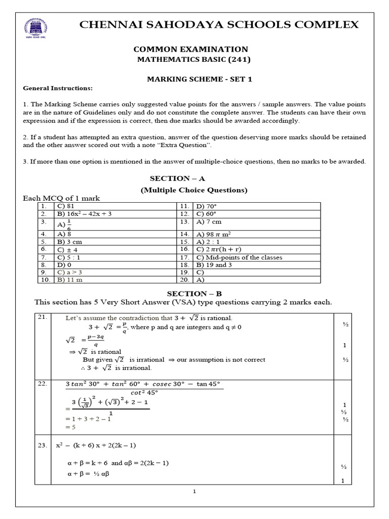Chennai Sahodaya Mathematics Exam Marking Scheme | PDF | Multiple ...