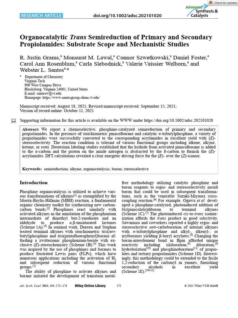 Adv Synth Catal - 2021 - Grams - Organocatalytic Trans Semireduction of ...