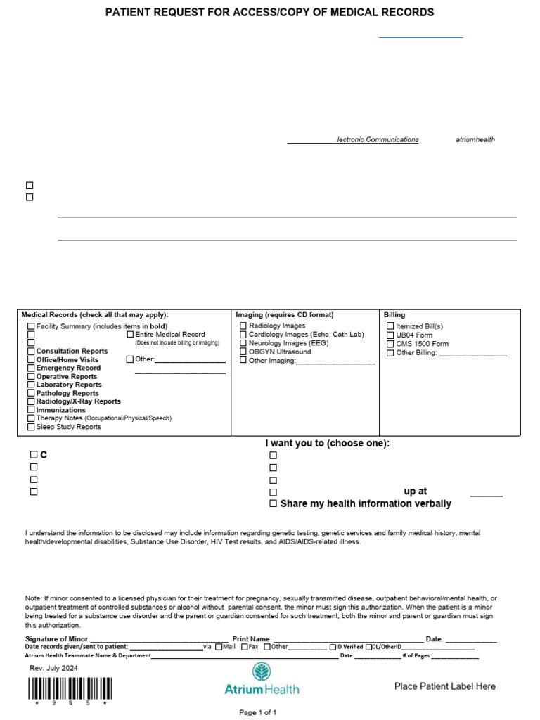 Request Medical Records Access Form | PDF | Medical Record | Substance ...