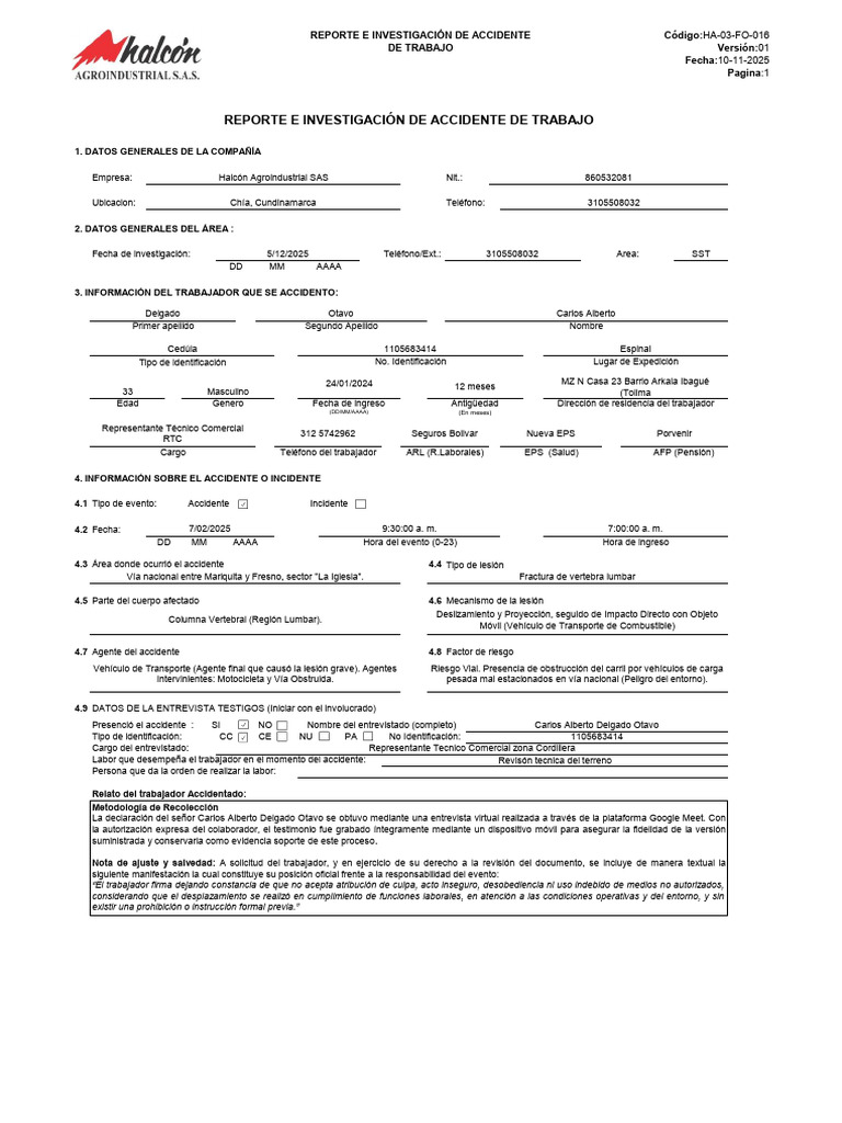 Ha-03-Fo-016 Reporte e Inv (Version 1) (1) | PDF | Seguridad vial