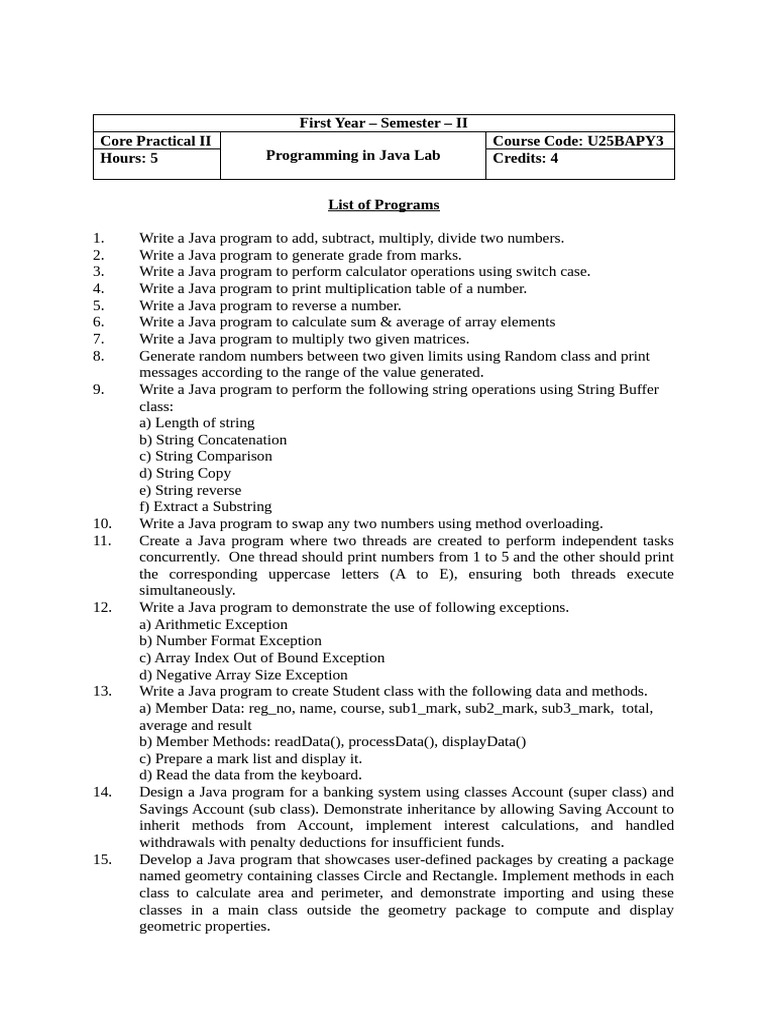 Java Programming Lab Exercises | PDF | Multiplication | String ...