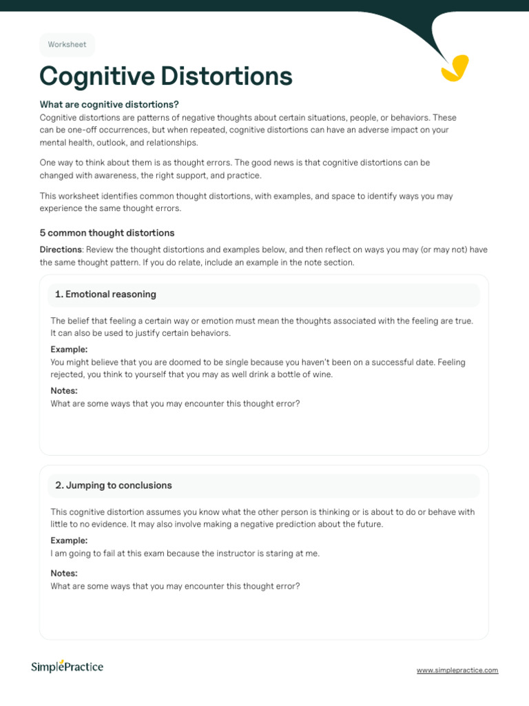Understanding Cognitive Distortions Worksheet | PDF | Thought ...