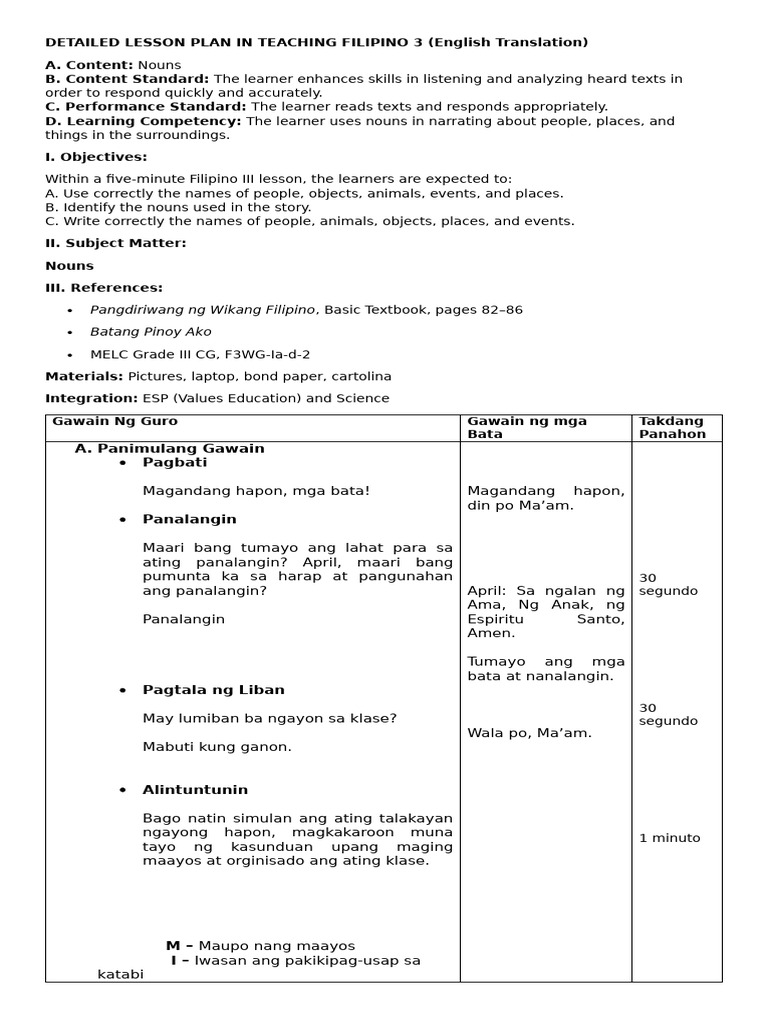 Detailed Lesson Plan in Teaching Filipino 3 | PDF