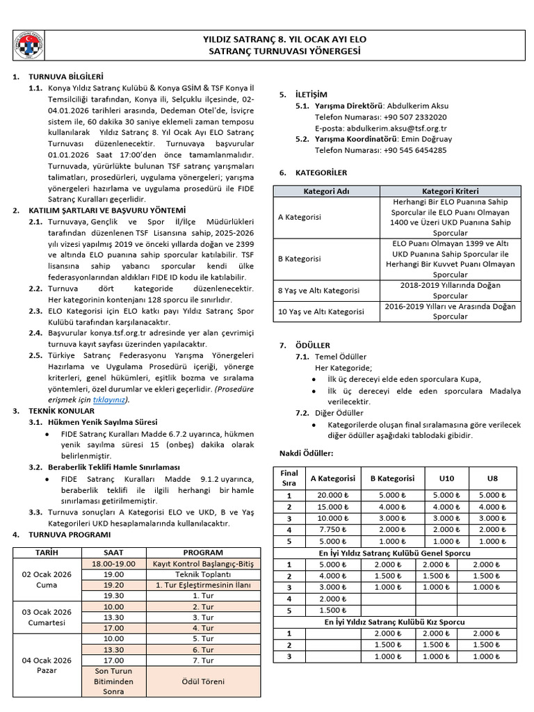 Yldz Satran 8. Yl Ocak Ay ELO Satran Turnuvas | PDF