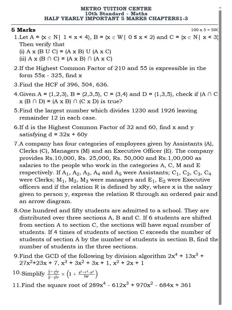 10 Maths - Half Yearly Important 5 Marks Chapters1-3 | PDF
