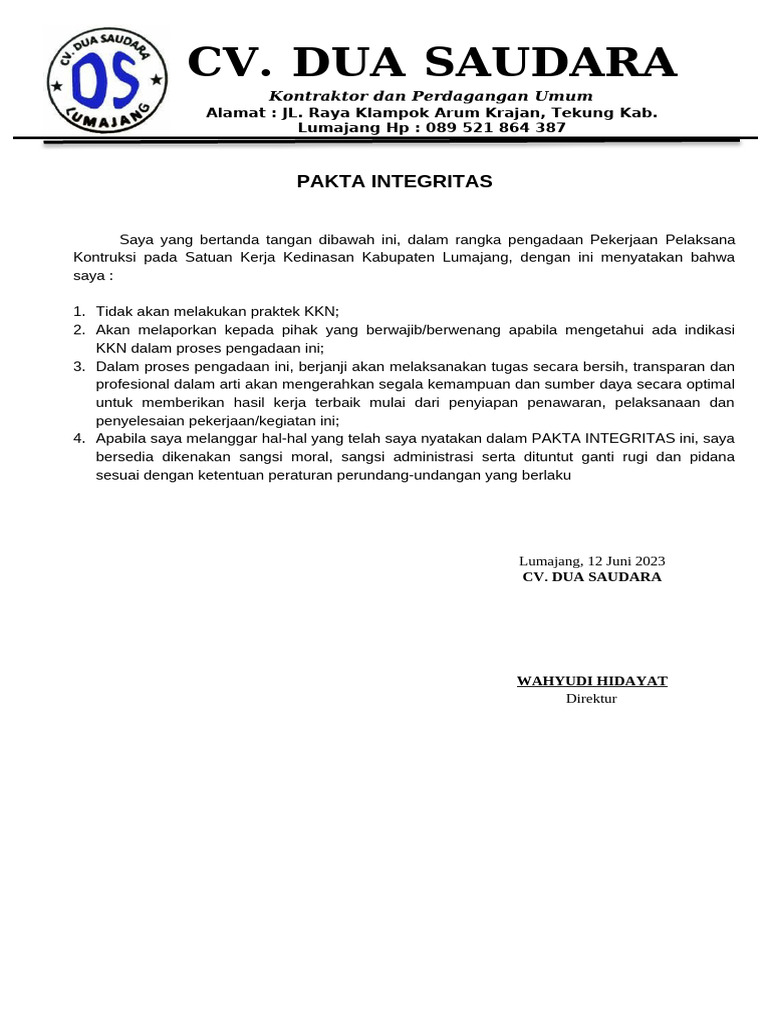 Pakta Integritas CV. Dua Saudara | PDF