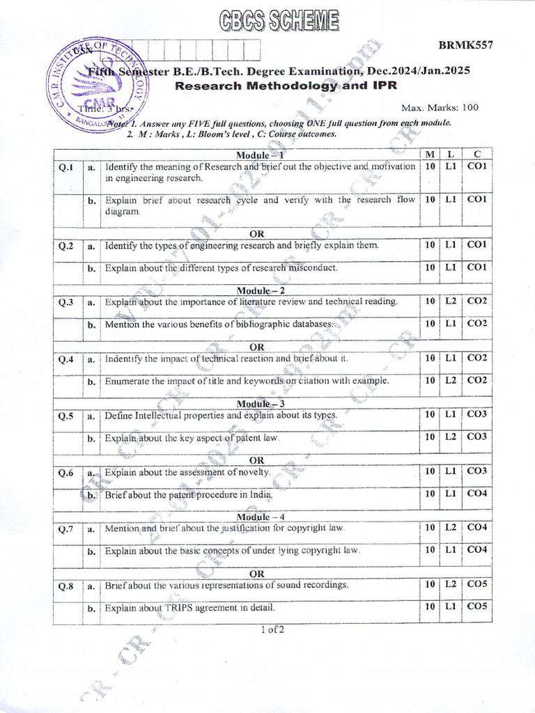 VTU Question Paper of BRMK557 Research Methodology 260102 190440 | PDF