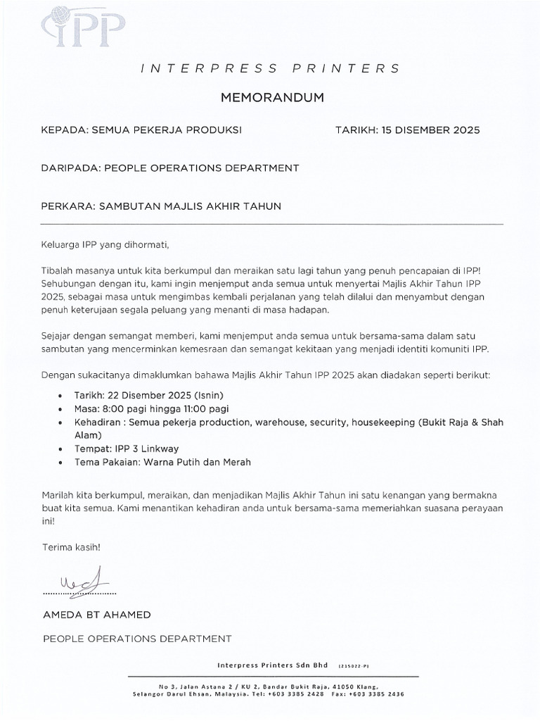Memo-Year End Party 2025 (Production) BM | PDF