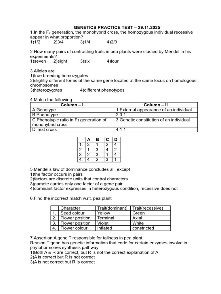 Genetics Practice Test Questions | PDF | Dominance (Genetics) | Genotype