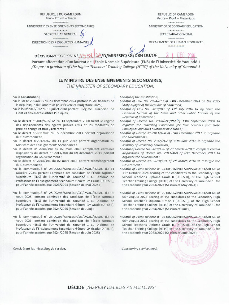 1558 25 Affectation ENS Yaounde 31-12-2025 | PDF