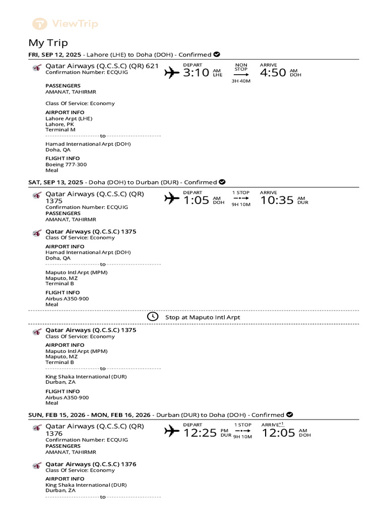 Travelport Viewtrip - My Trip DURBAN | PDF | Civil Aviation | Airlines