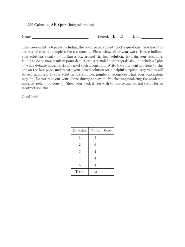 AP Calculus AB Integrals Quiz Retake | PDF | Integral | Area