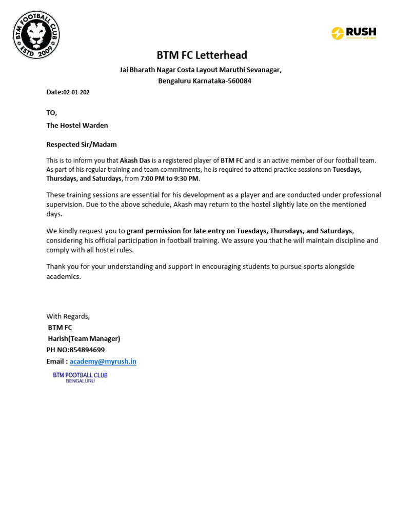 Request for Late Entry for Football Training | PDF