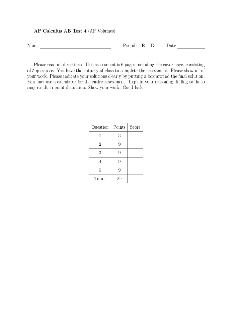 AP Calculus AB Test 4 Disk and Washer Volumes | PDF