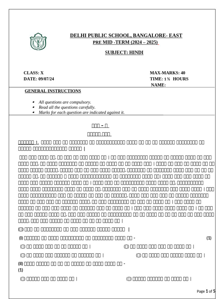 Grade - X Pre Mid Term - 2024-25 | PDF