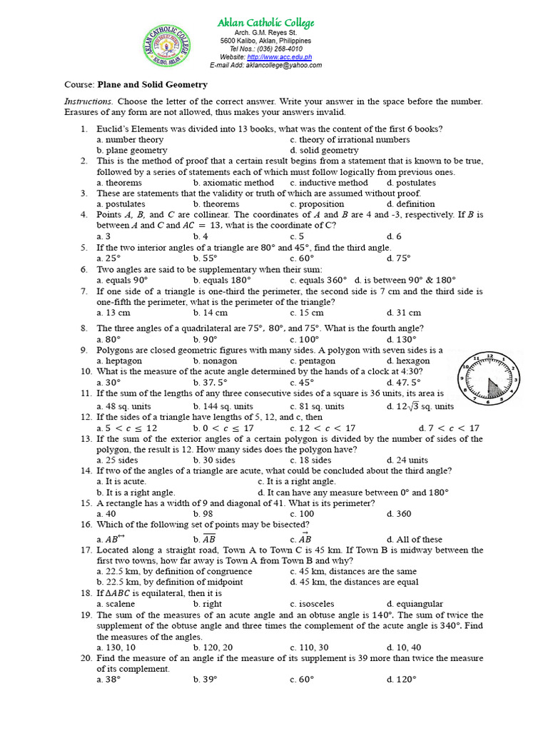 Plane and Solid Geometry Quiz Questions | PDF | Triangle | Mathematical ...