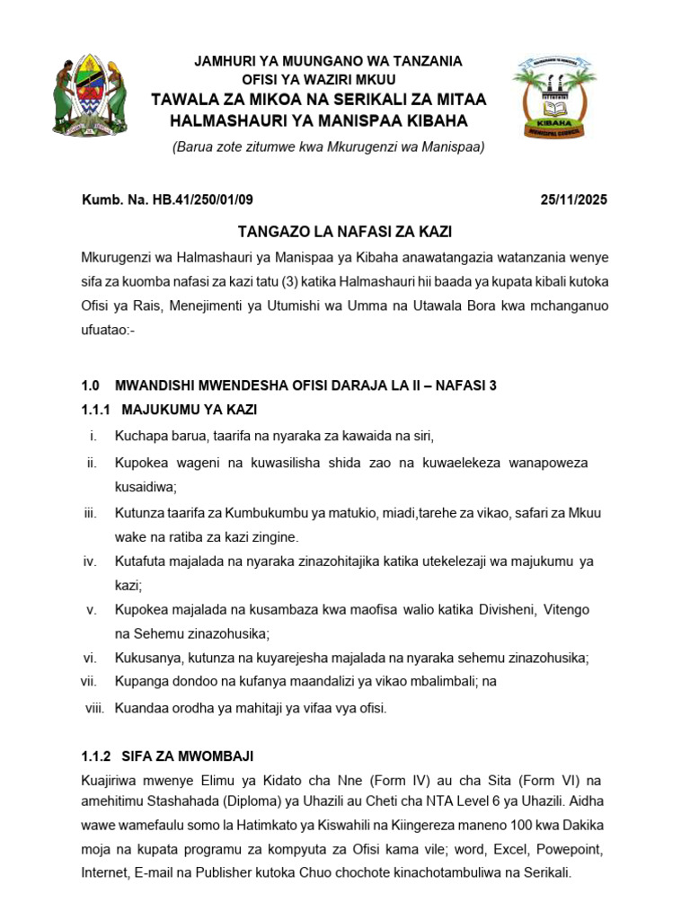 Tangazo La Kazi Kibaha Manispaa | PDF