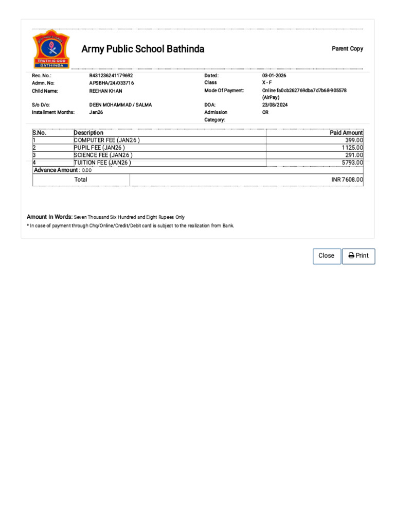 Admission Fee Receipt for Reehan Khan | PDF
