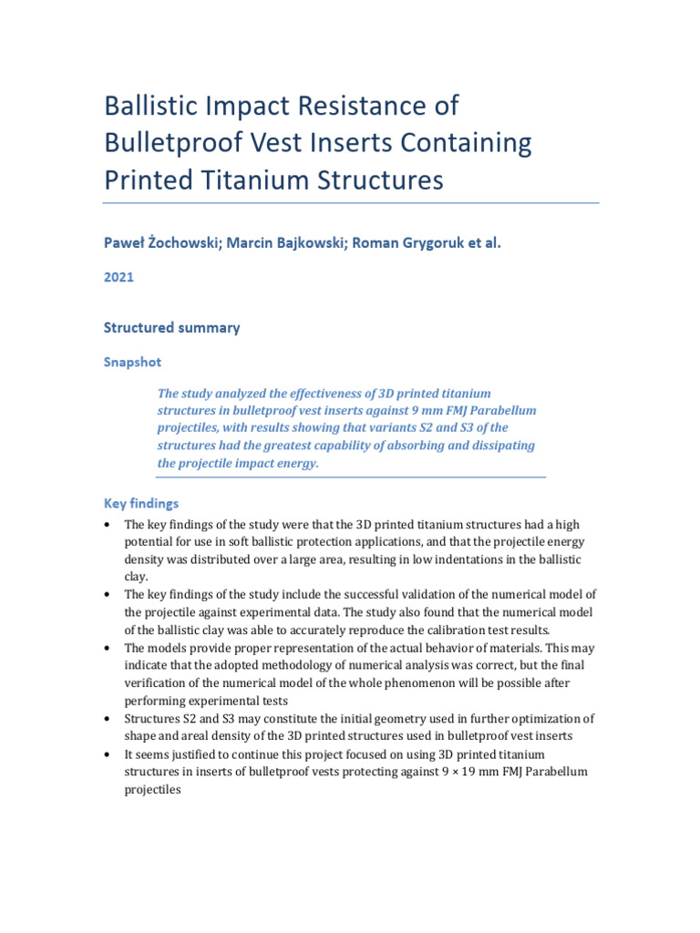 résumé_Ballistic Impact Resistance of Bulletproof Vest Inserts ...
