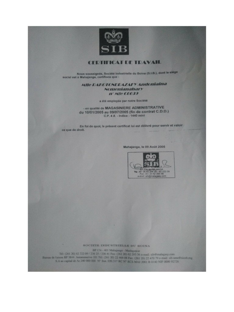 Certificat de Travail | PDF