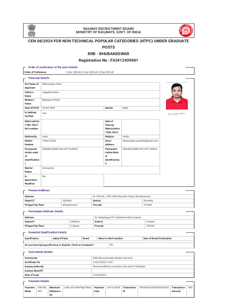 Rrbapply.gov.in # Pscexamservice Candidate-View-Application Id=1839a098-2151-4dbf-A3e6 ...