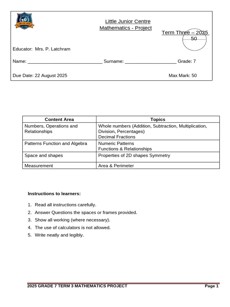 GRADE 7 MATHEMATICS PROJECT TERM 3 | PDF | Area | Shape
