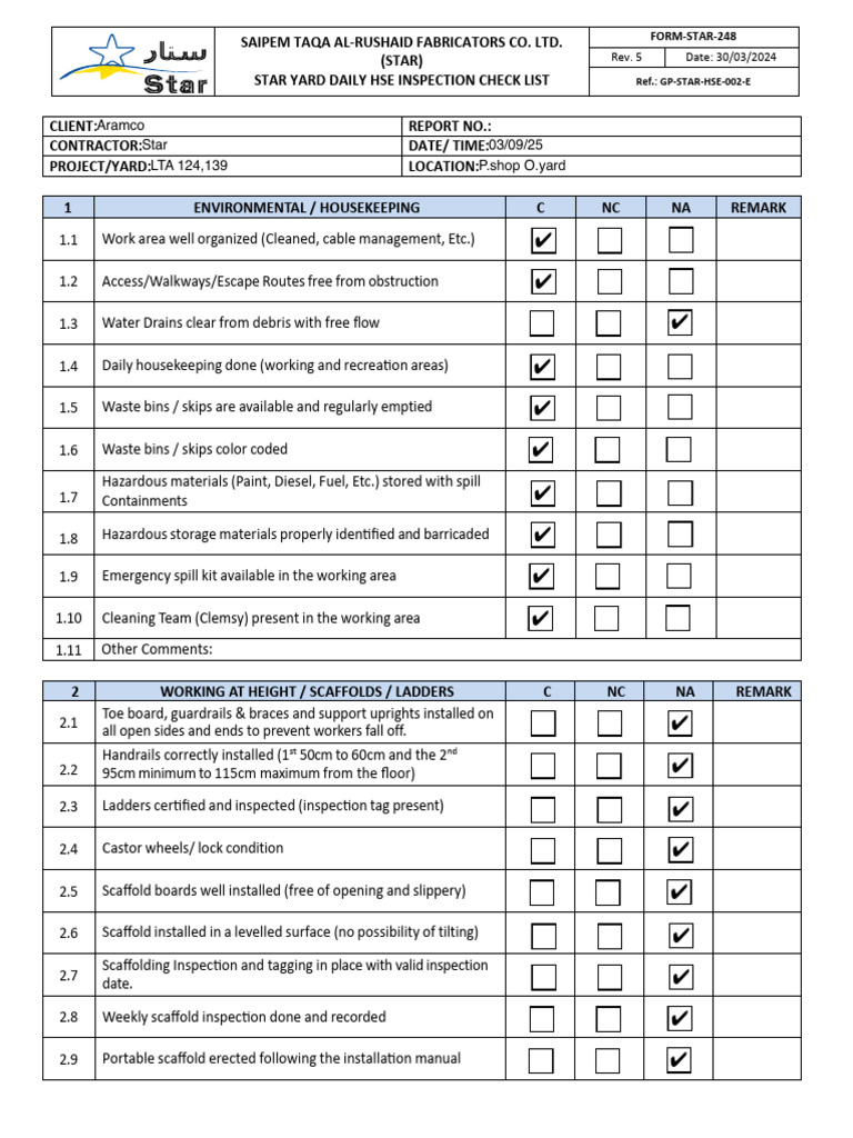 FORM-STAR-248 Rev 5 STAR Yard Daily Site HSE Inspection Check List-7 ...