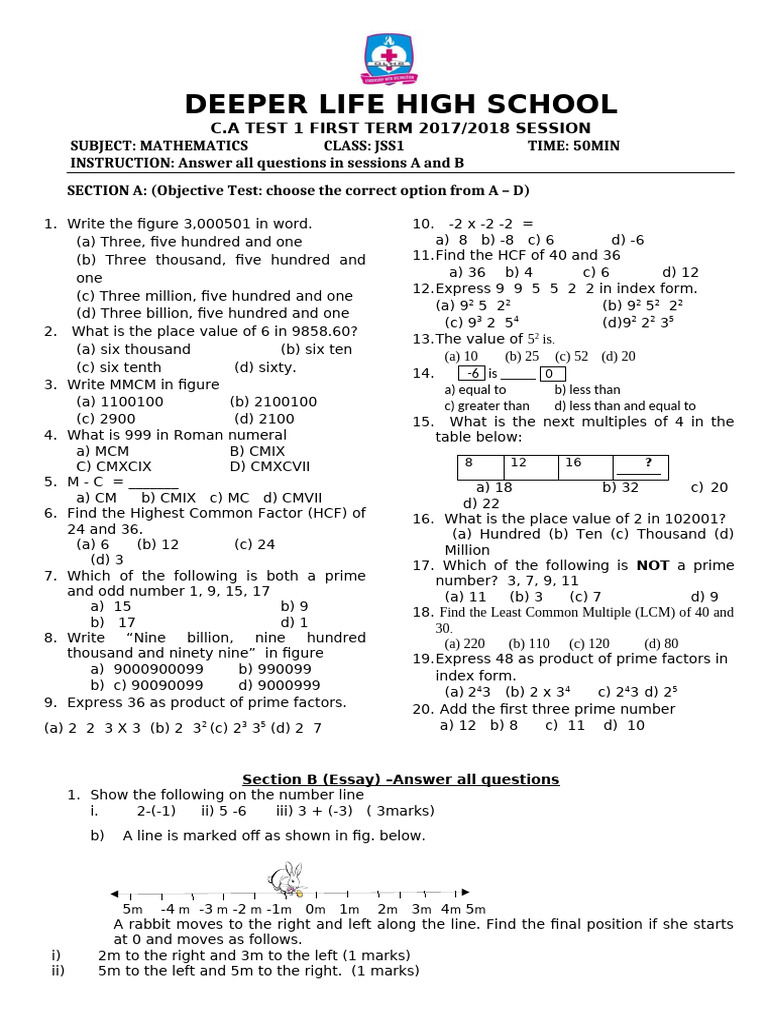 JSS1 Mathematics Test 2017/2018 | PDF | Chess Theory | Arithmetic