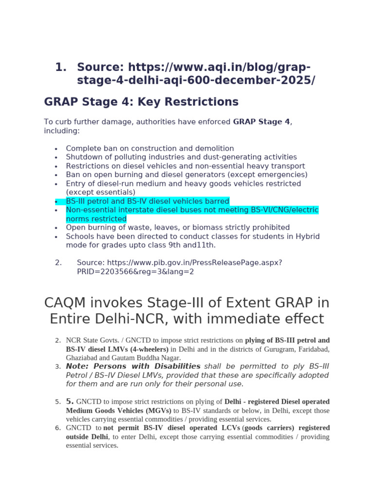 GRAP Stage 4 Restrictions in Delhi | PDF