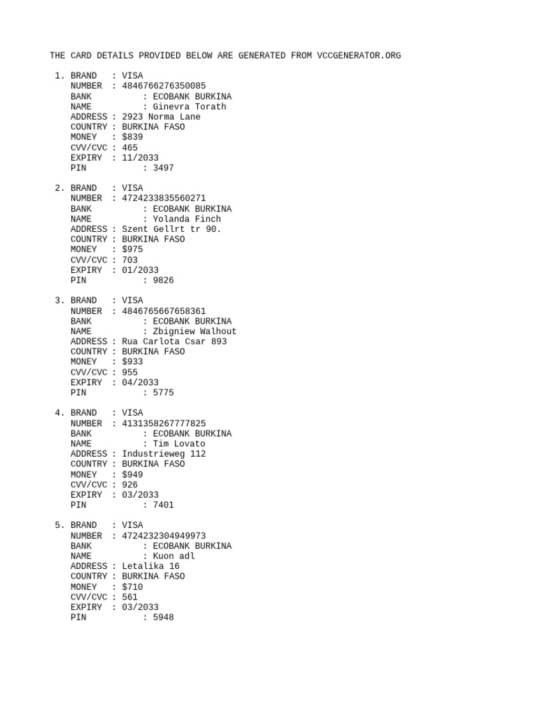 Sample Visa Card Details for Testing | PDF