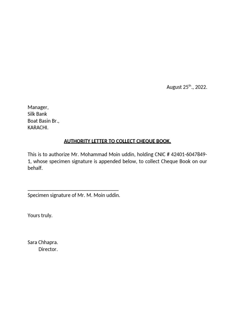 Authority Letter for Cheque Book Collection | PDF