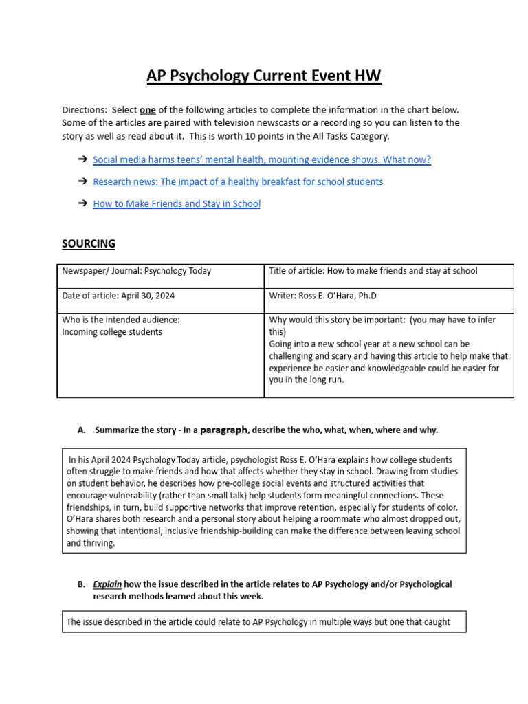 AP Psychology Current Event HW - 2024 | PDF | Psychology | Liberal Arts ...
