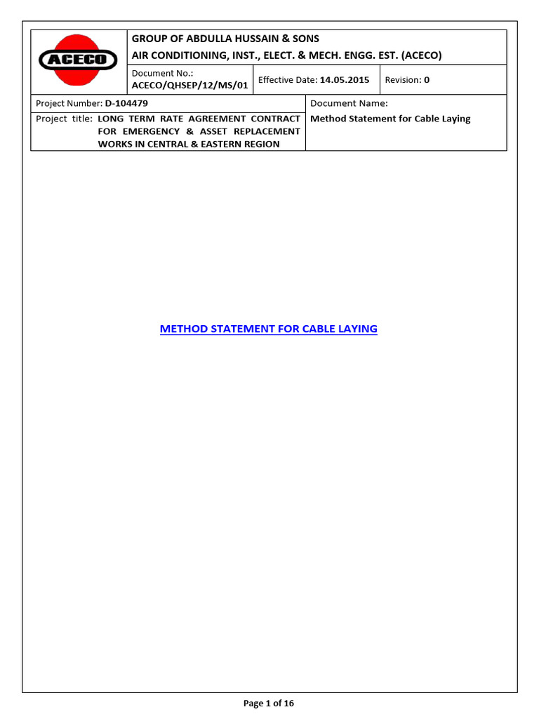 Method Statement For Cable Laying | PDF | Emergency | First Aid