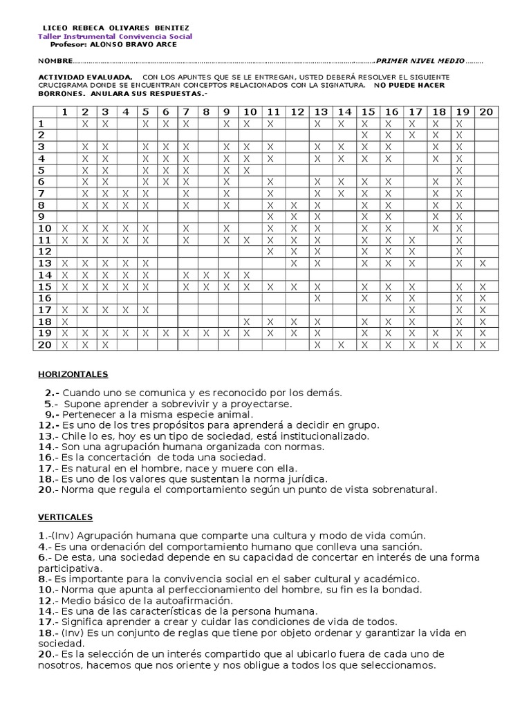 Crucigrama Primer Nivel Convivencia | PDF
