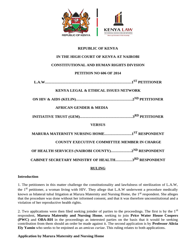 L.a.W & 2 Others v Marura Maternity Nursing Home & 2 Others [2016] KEHC ...