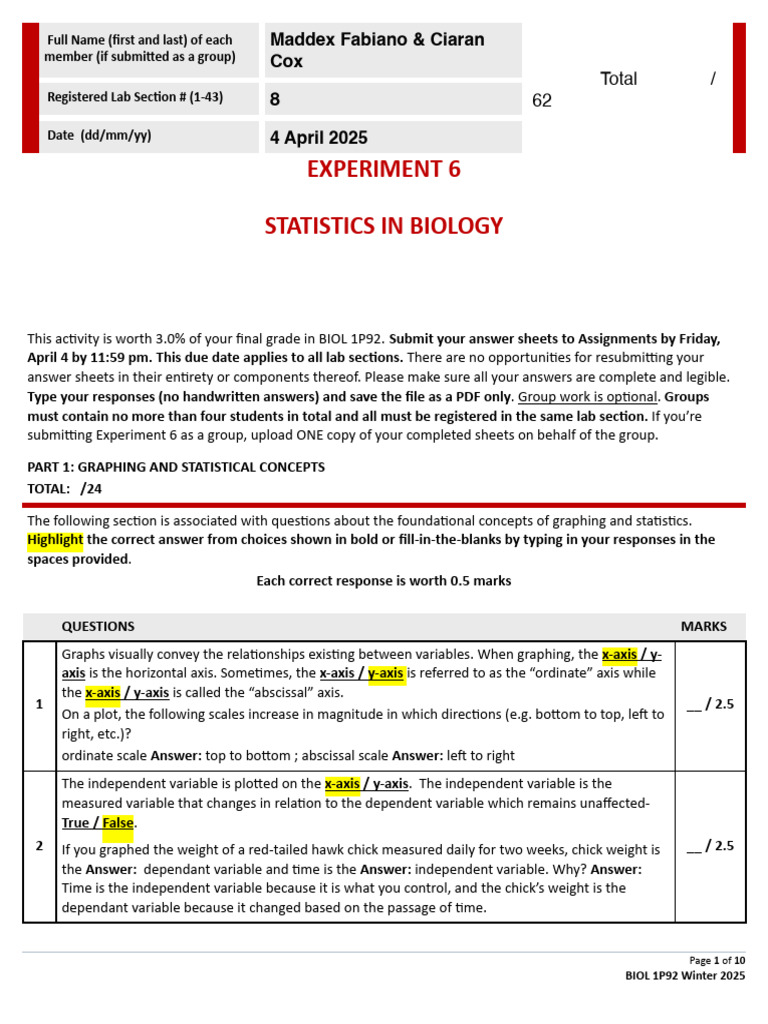 Experiment 6 Answer Sheets BIOL 1P92 Winter 2025 | PDF | Mode ...