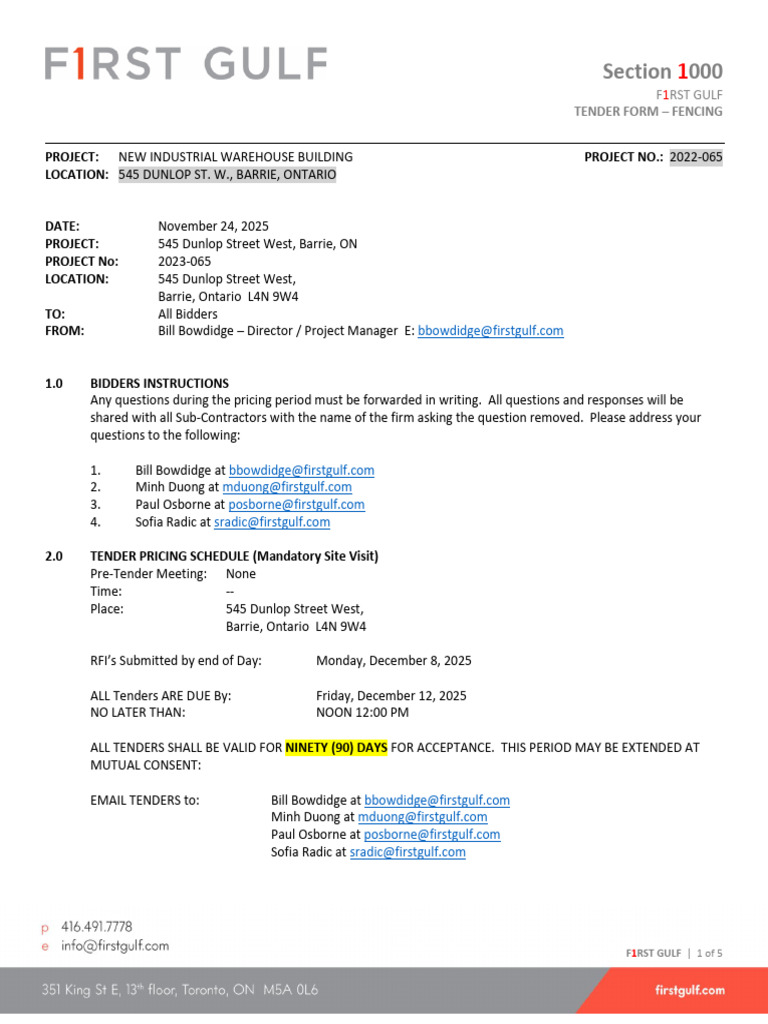 Fencing Tender Form for Barrie Warehouse | PDF | Subcontractor