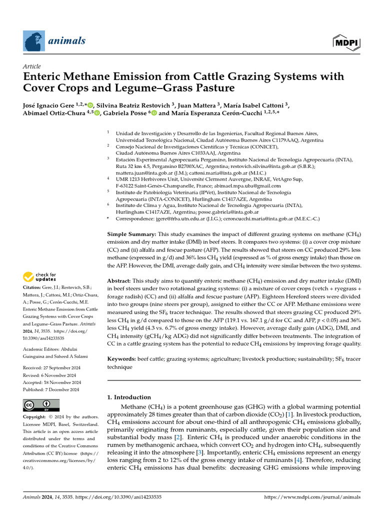 Enteric Methane Emission From Cattle Grazing Systems With Cover Crops ...