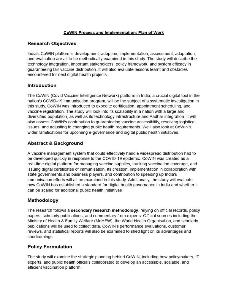 CoWIN PLan of Work | PDF | Policy | Evaluation