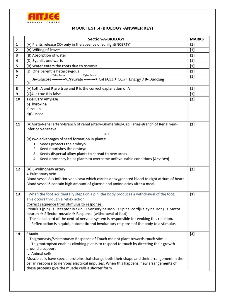 Biology Mock Test 4 Answer Key | PDF | Biology | Biological Processes
