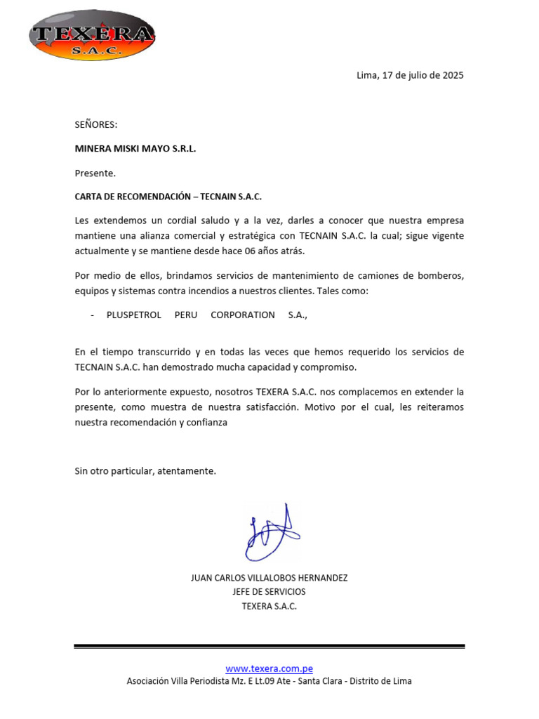 Recomendación de TECNAIN S.A.C. por TEXERA | PDF