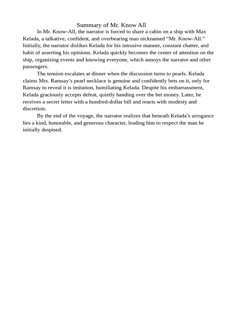 Summary of "Mr. Know All" Story | PDF