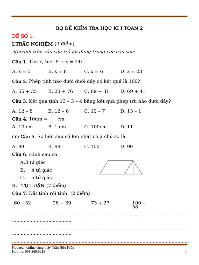 BỘ 20 ĐỀ KIỂM TRA HỌC KÌ I TOÁN 2 | PDF