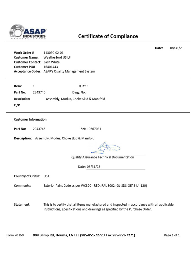 Quality Assurance Certificate - Choke Skid | PDF