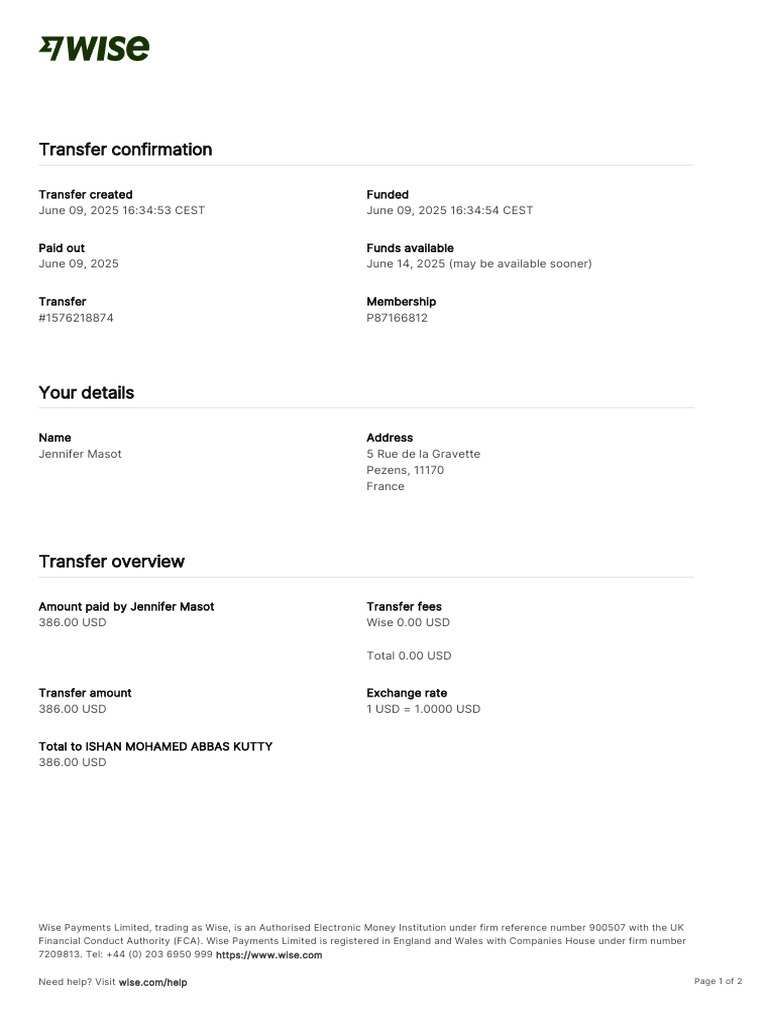 Wise Transfer Confirmation for Jennifer Masot | PDF | Financial Markets ...