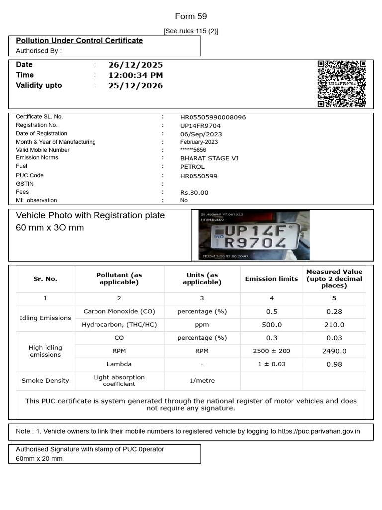 Pollution Under Control Certificate Details | PDF | Exhaust Gas | Pollution